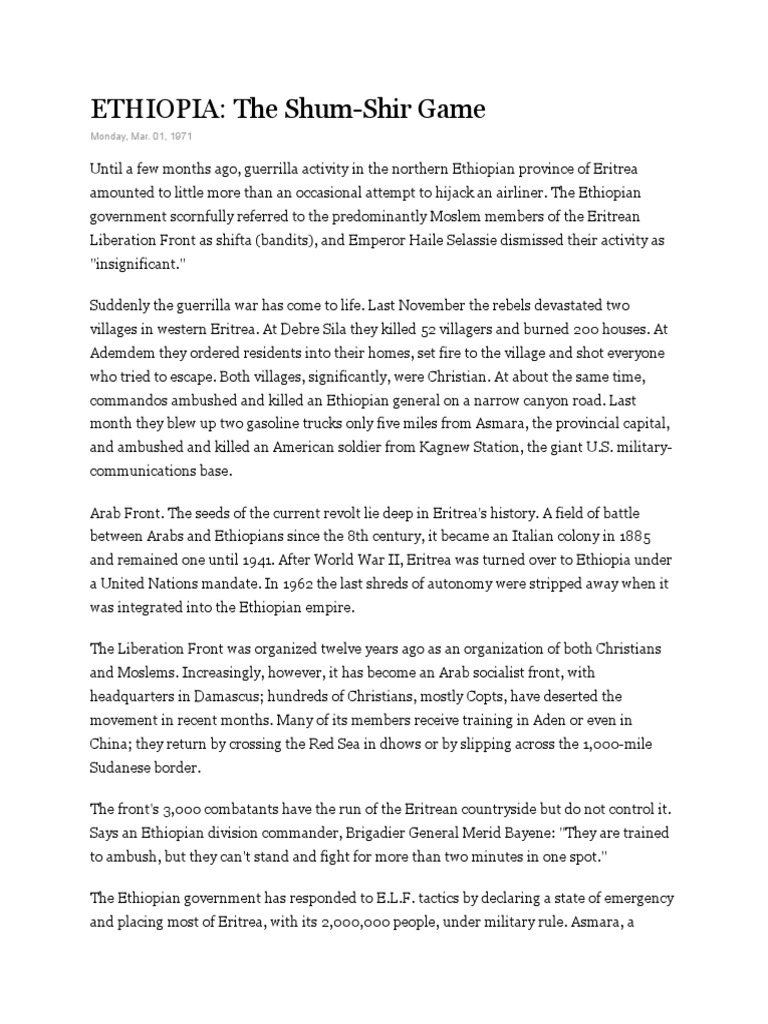 Time Ethiopia The Shum-Shir Game | PDF | Eritrea | Ethiopia
