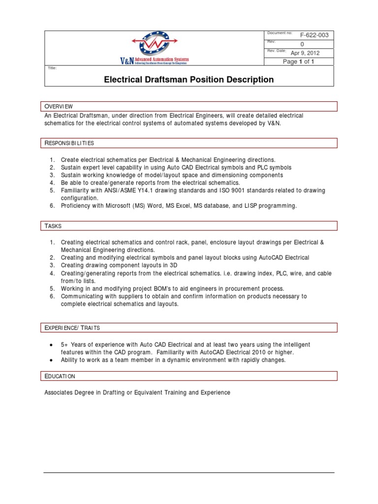 Electrical Draftsman Position Description Rev 0 | PDF