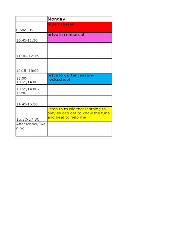 Weekly Music Lesson Schedule | PDF | Entertainment (General)