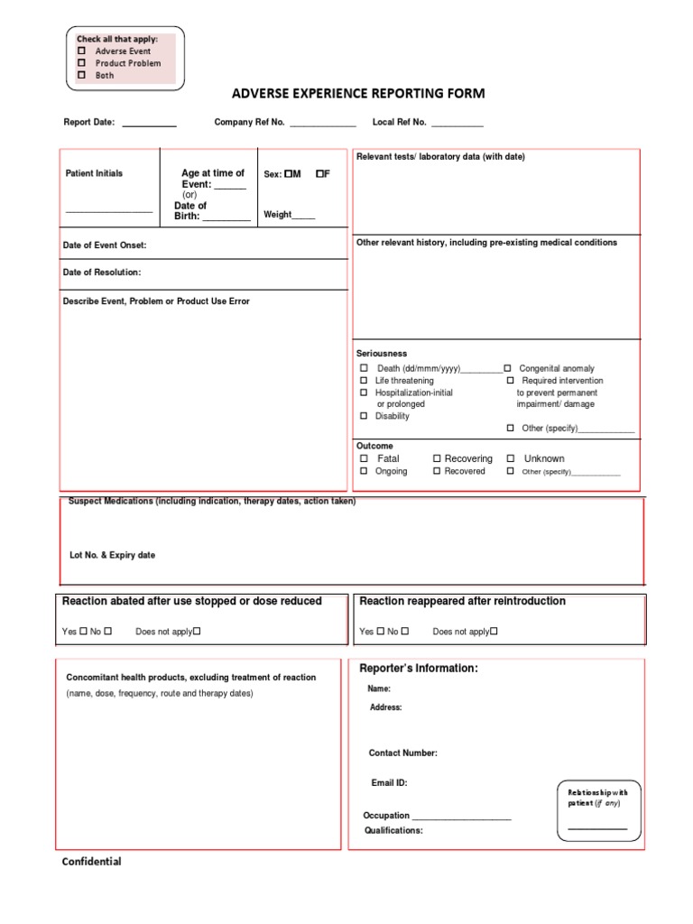 Adverse Experience Reporting Form | PDF | Pharmacovigilance | Health ...