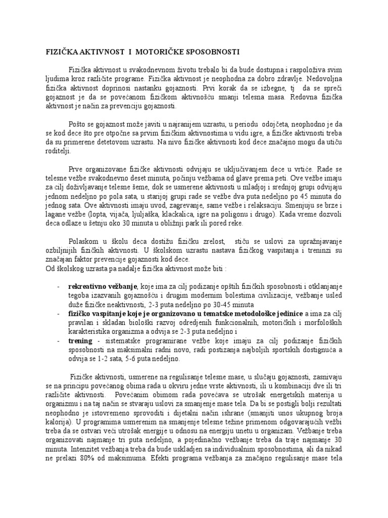 Fizička Aktivnost I Motoričke Sposobnosti | PDF