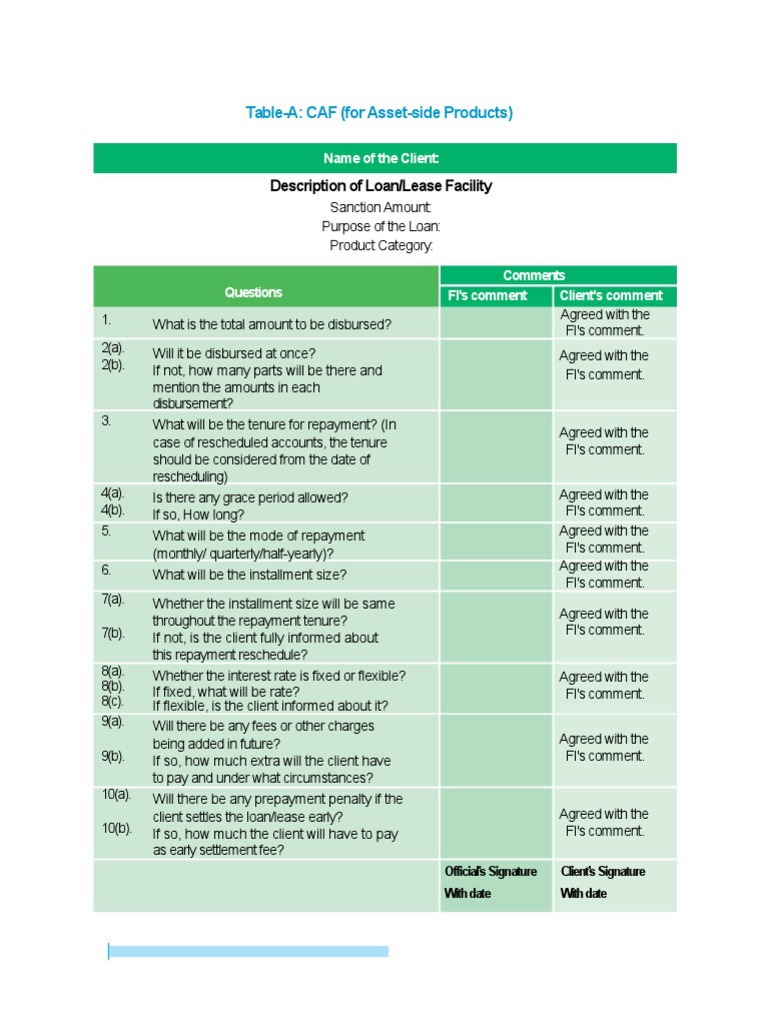 Table-A: CAF (For Asset-Side Products) : Description of Loan/Lease ...
