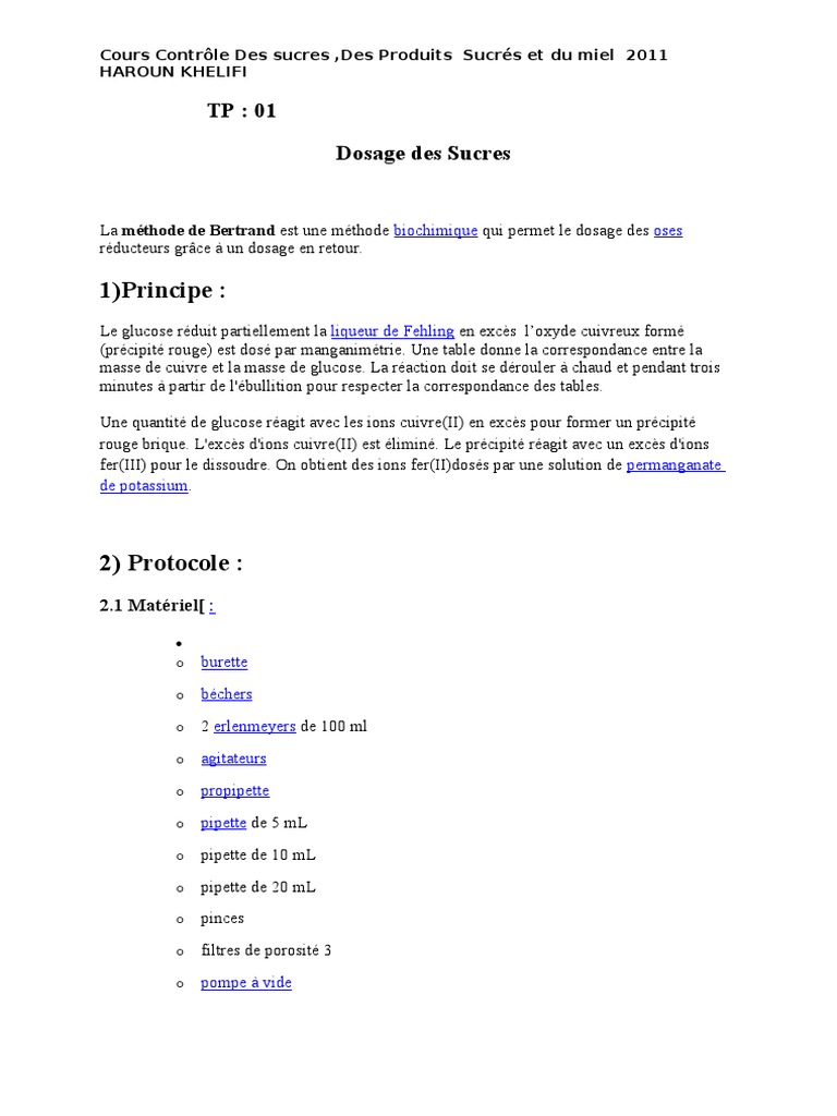 Dosage des Sucres par Méthode de Bertrand | PDF | Glucide | Glucose