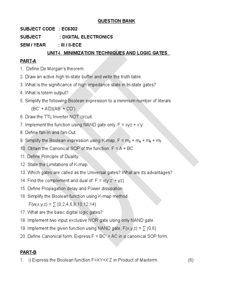 Question Bank Subject Code: Ec6302 Subject: Digital Electronics Sem / Year: Iii / Ii-Ece Unit-I ...