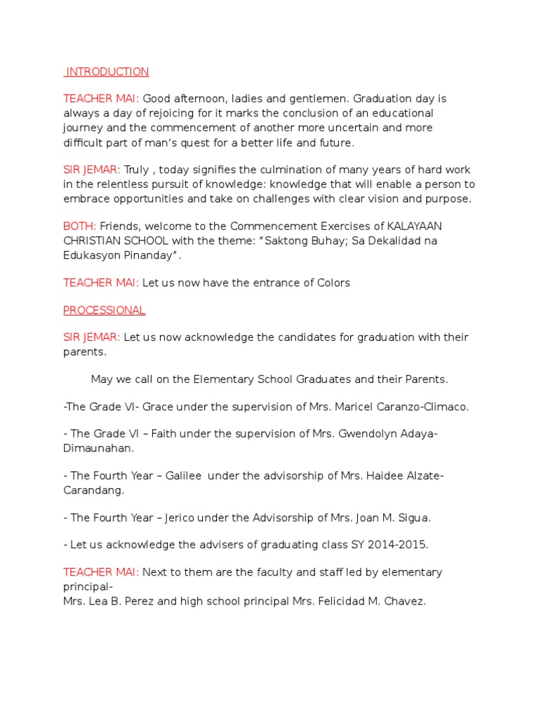 Script Graduation in Kalayaan Christian School | PDF | Schools | Students