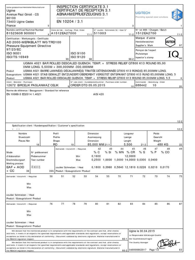Inspection Certificate 3.1 Certificat de Reception 3.1 ...