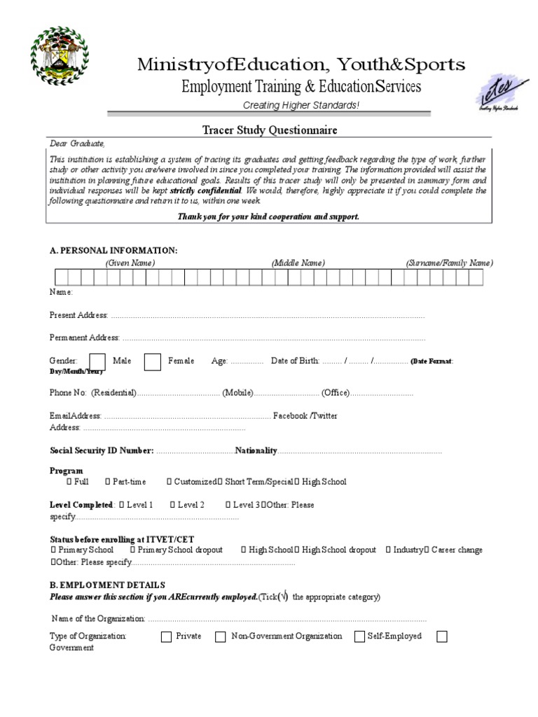 Tracer Study Questionnaire | Employment | Vocational Education