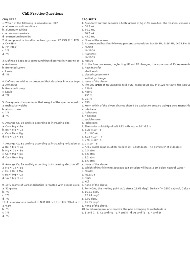 Che Practice Questions: CPQ Set 1 | PDF | Solubility | Carbon
