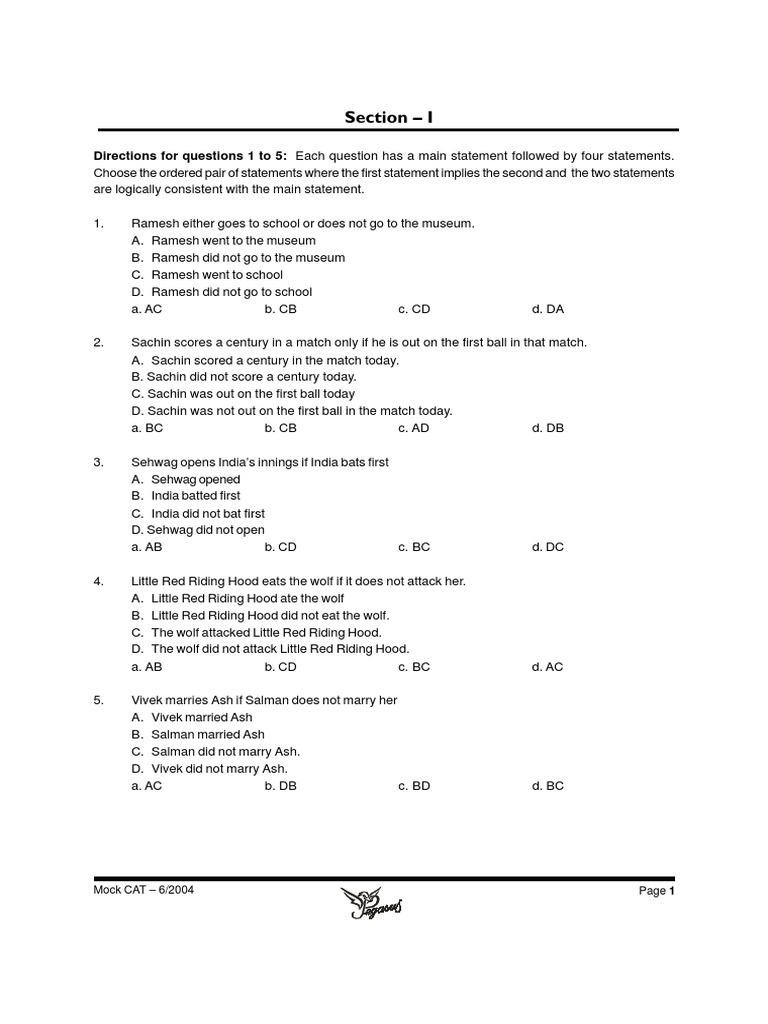 Section I: Directions For Questions 1 To 5: Each Question Has A Main ...