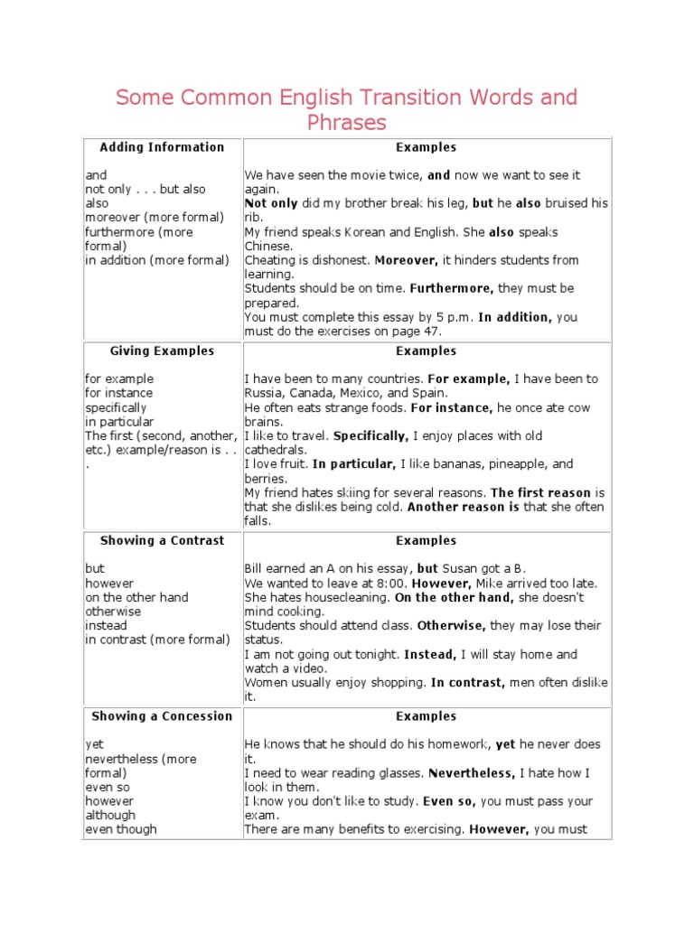 Some Common English Transition Words and Phrases | PDF | Comma ...