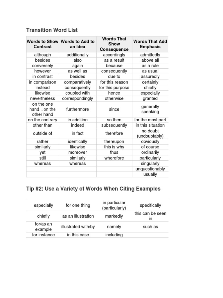 Essential Transition Words List | PDF