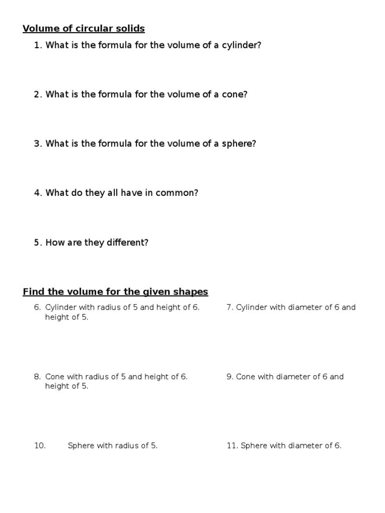 Volume Formulas for Circular Solids | PDF | Language Arts & Discipline ...