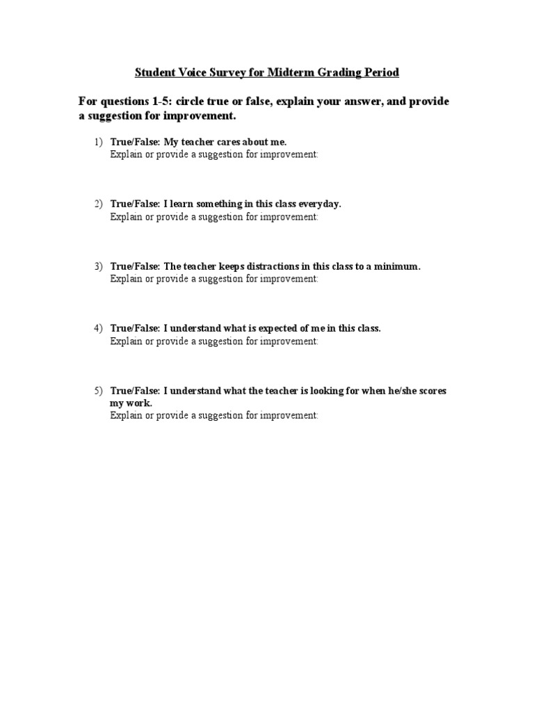 Student Voice Survey For Midterm Grading Period | PDF