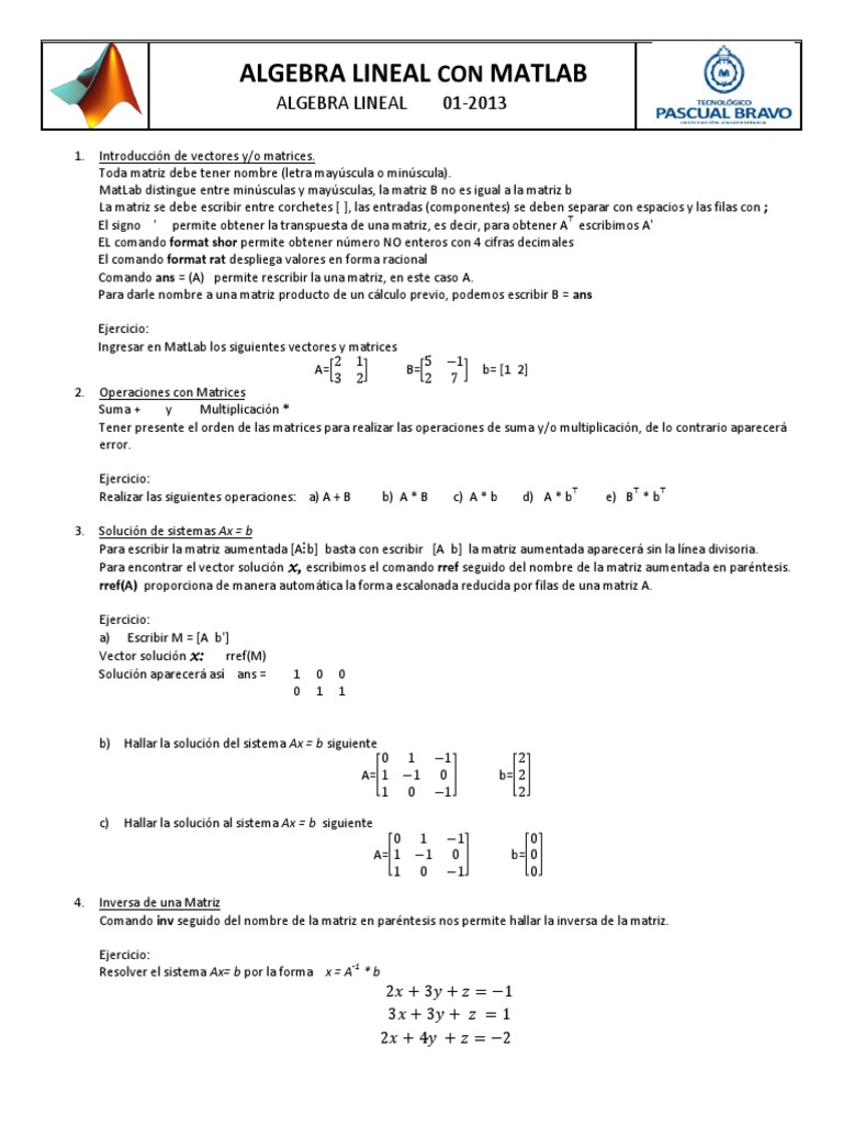 Guía de Algebra Lineal Con MatLab | PDF | Valores propios y vectores ...