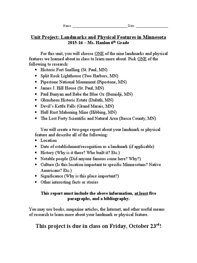 Unit Project: Landmarks and Physical Features in Minnesota: 2015-16 ...