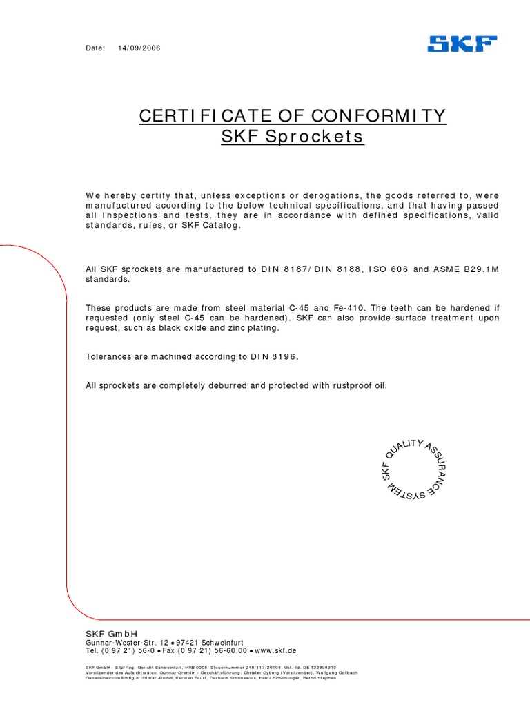 Certificate of Conformity SKF Sprockets: Date: 14/09/2006 | PDF