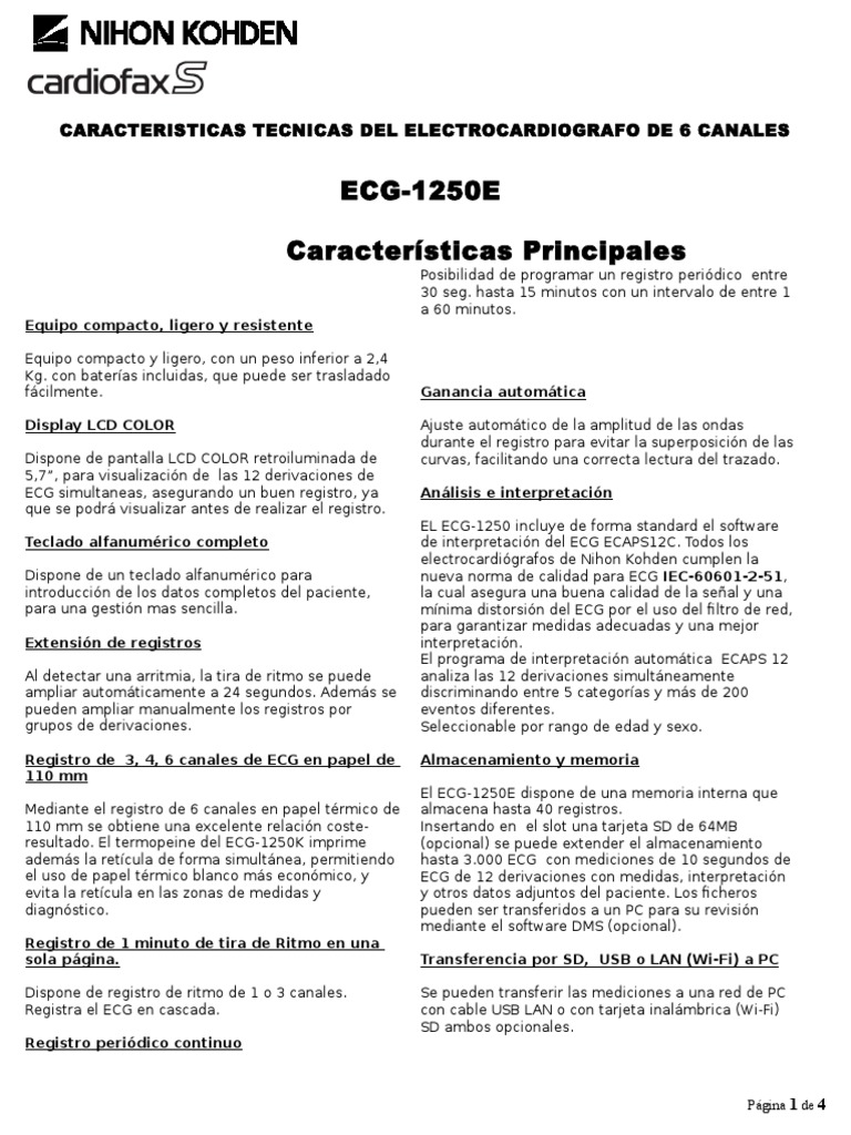 3 Características Técnicas ECG-1250 Cardiofax S | PDF