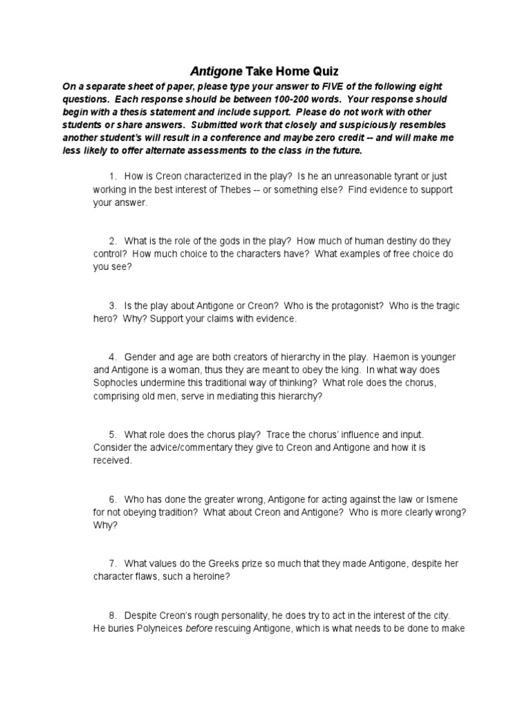 Antigone Quiz: Key Themes and Analysis | PDF