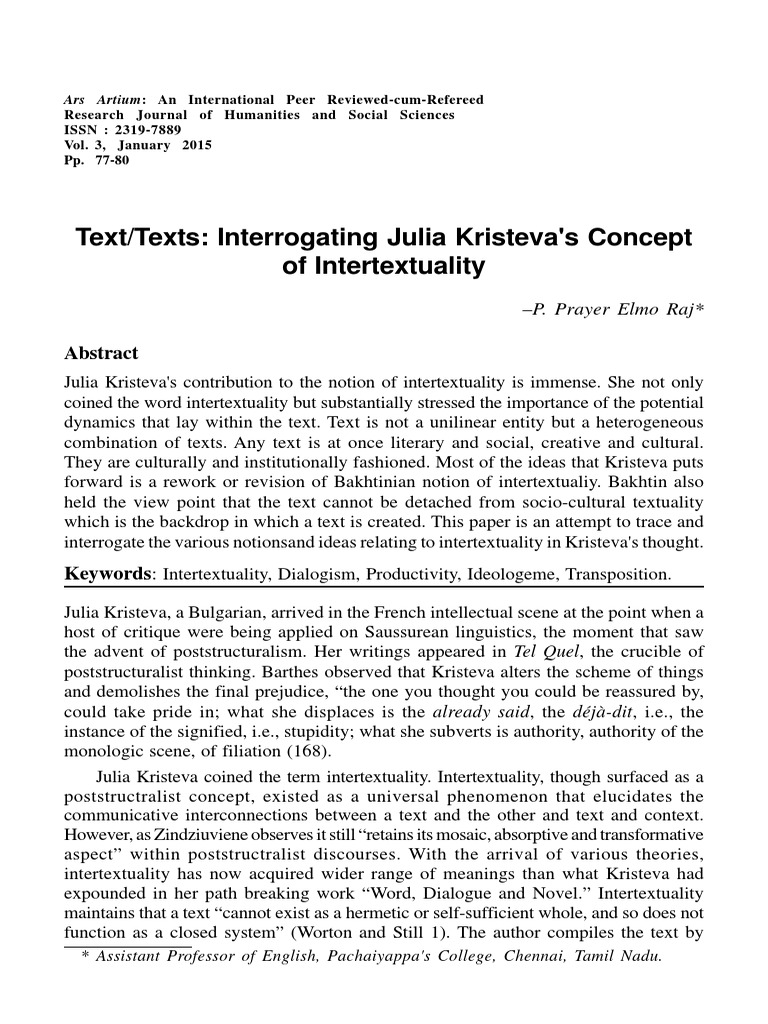 Text/Texts Interrogating Julia Kristeva's Concept of Intertextuality by ...