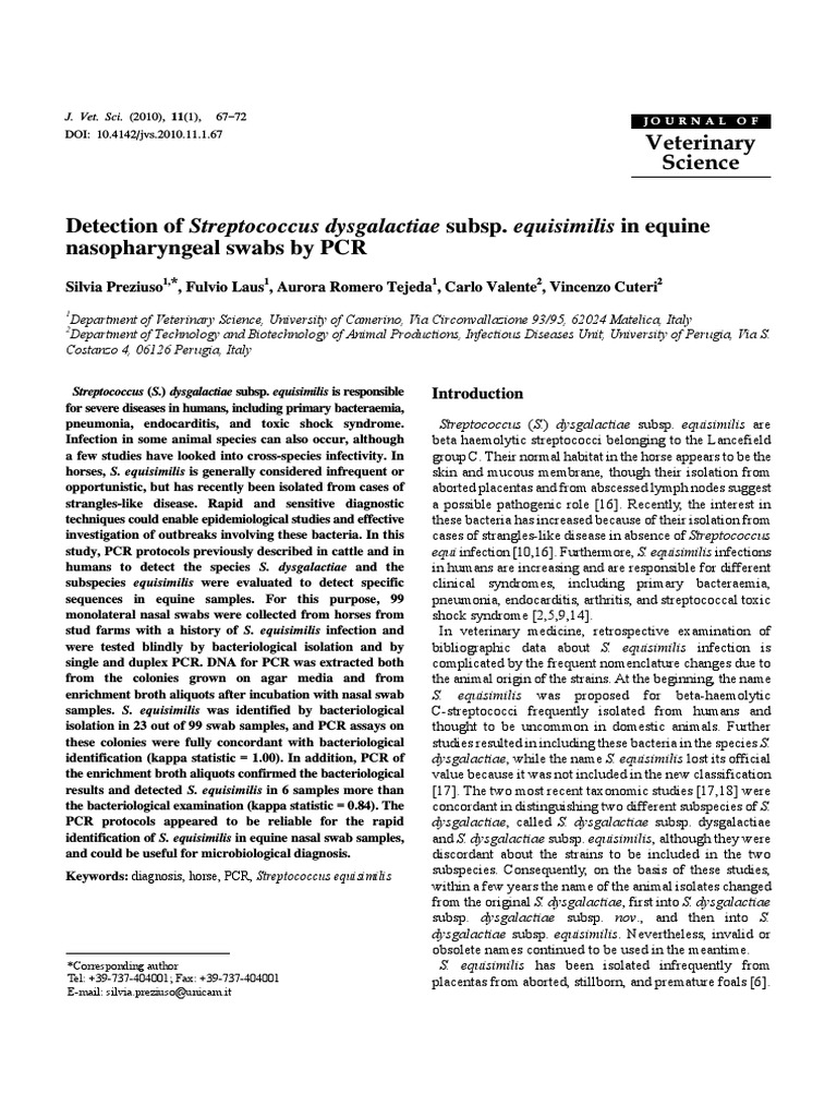 Veterinary Science Detection of Streptococcus Dysgalactiae Subsp ...