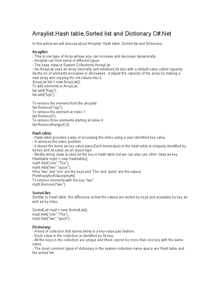 Arraylist Hashtable Dictionary Pdf Array Data Structure Areas Of Computer Science 