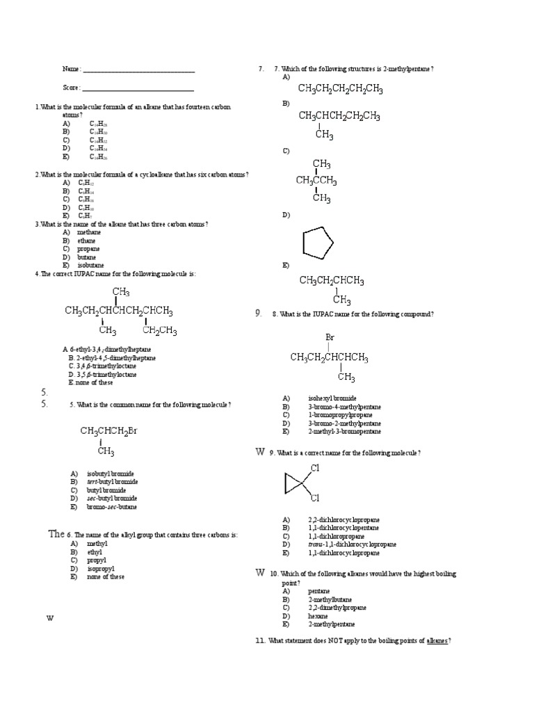 Organic Chemistry Practice Exam with Key | PDF | Alkane | Organic Chemistry