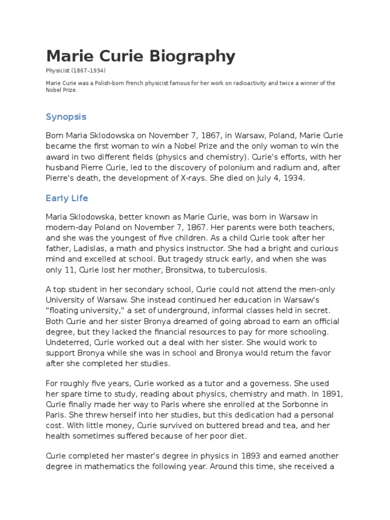 Marie Curie Biography: Synopsis | PDF | Marie Curie | Physical Sciences