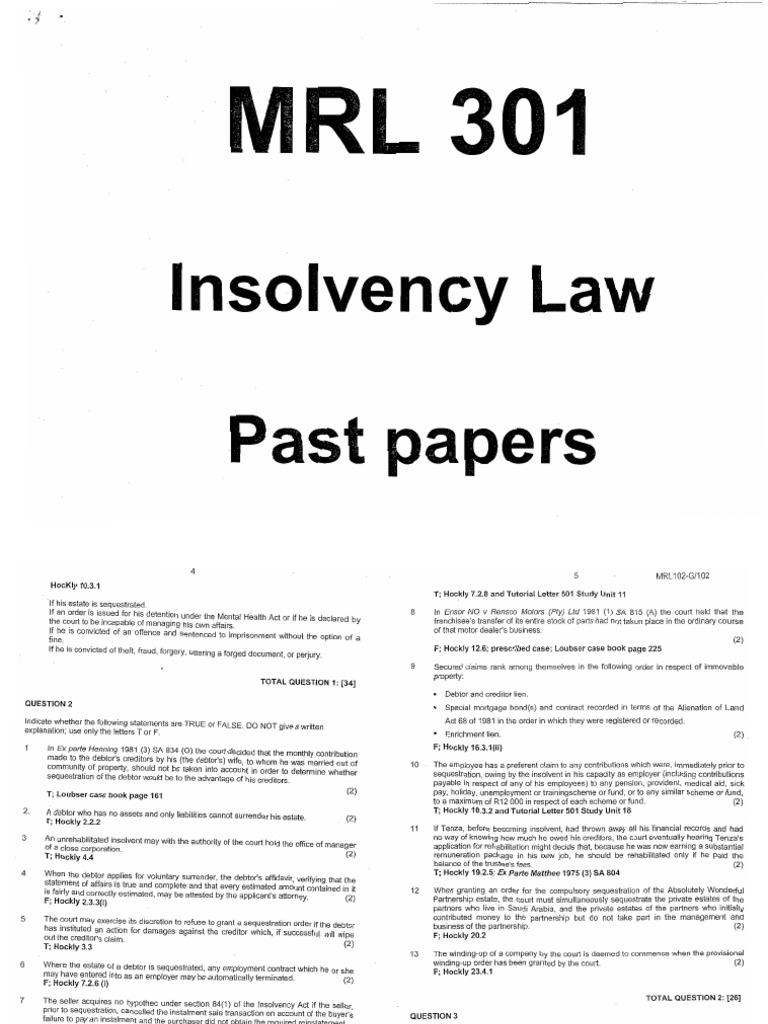 UNISA MRL3701 Insolvency Past Papers | PDF