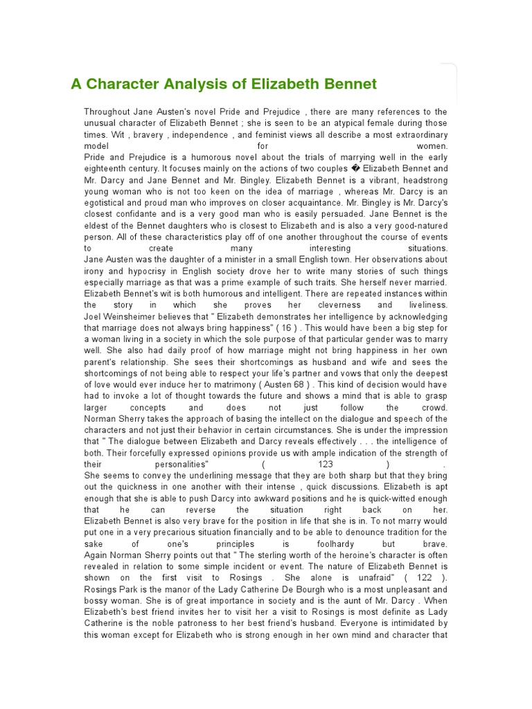 Elizabeth Bennet: A Character Analysis | PDF | Pride And Prejudice ...