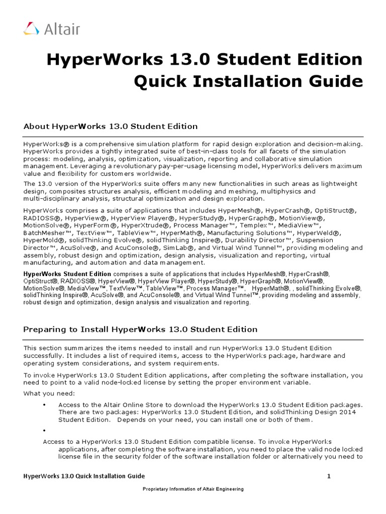 Altair HyperWorks 13 0 Student Edition Quick Install Guide | PDF ...