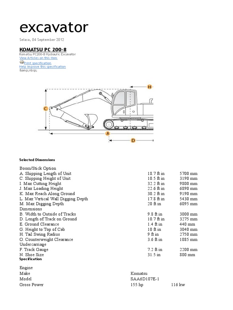 Excavator Sizes Units & Parts | PDF | Vehicles | Mechanical Engineering