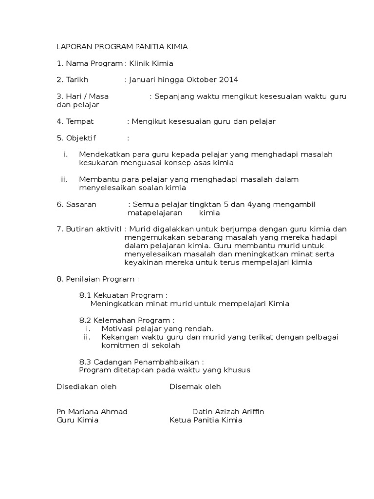 Laporan Aktiviti Panitia Kimia Klinik Kimia | PDF | Sains & Matematika
