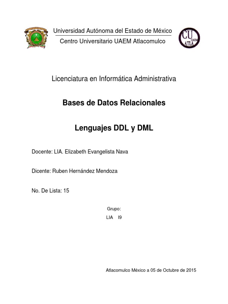Tarea #8 Lenguajes DDL y DML | PDF | SQL | Bases de datos
