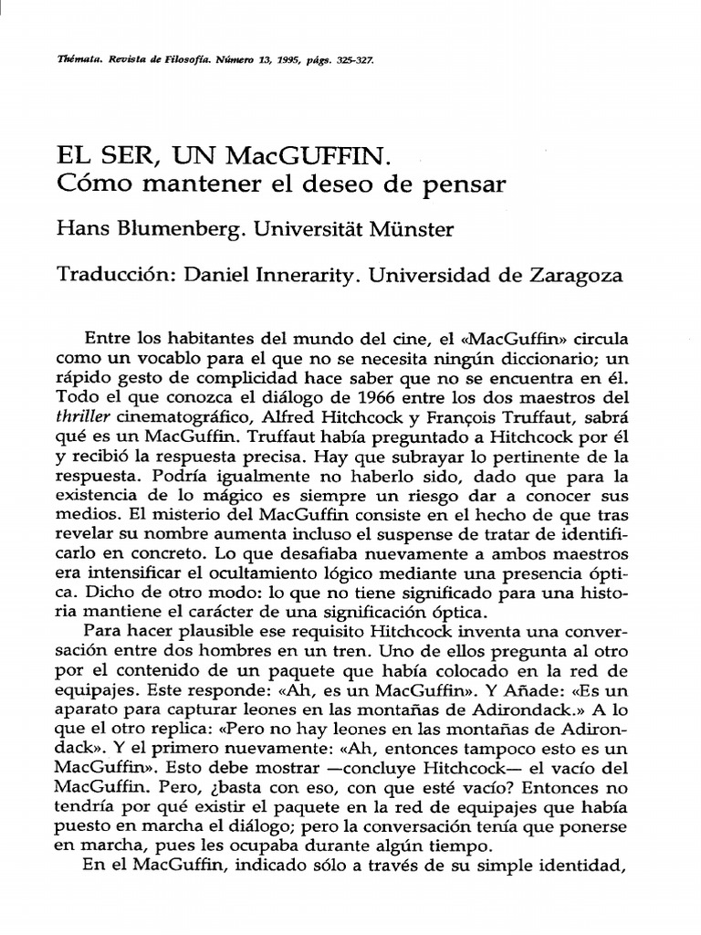 Hans Blumenberg - El Ser, Un Macguffin | PDF