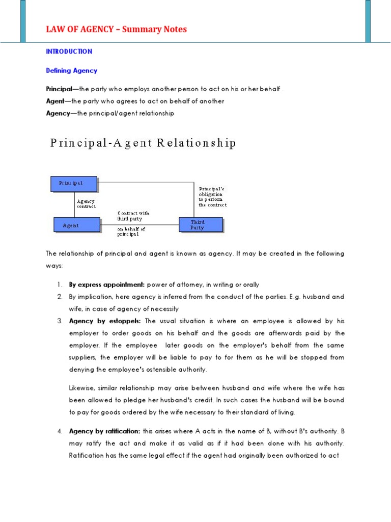 Law of Agency Summary Notes | PDF | Law Of Agency | Ethical Principles