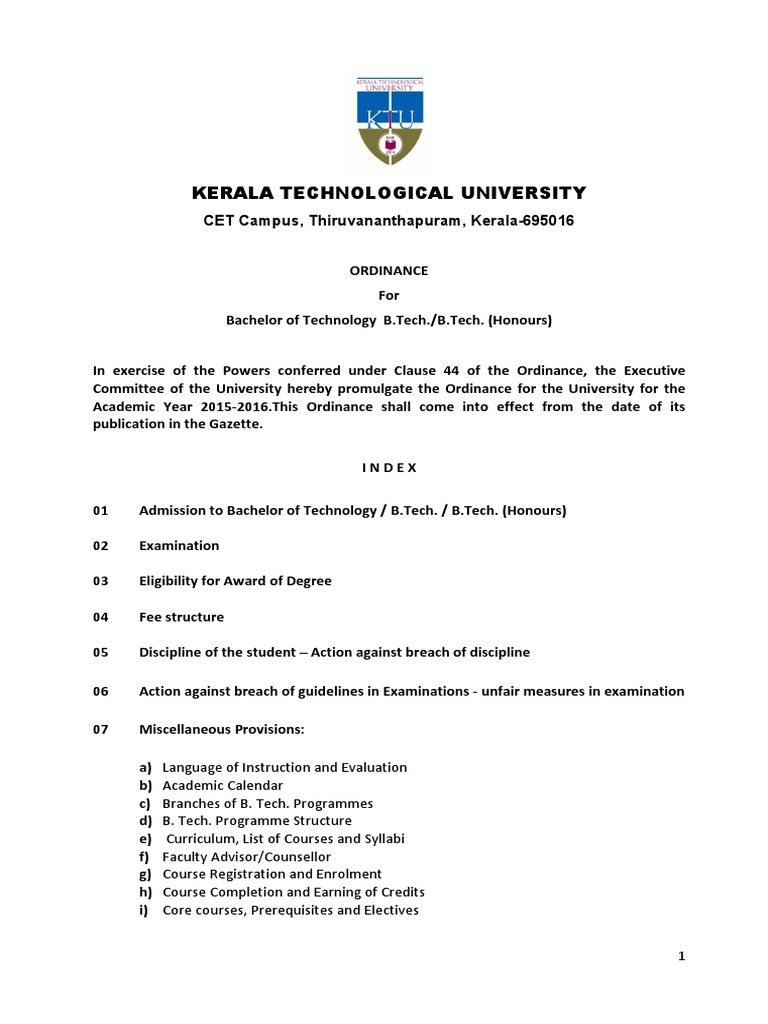 KTU -BTech Ordinance | Course Credit | Academic Term