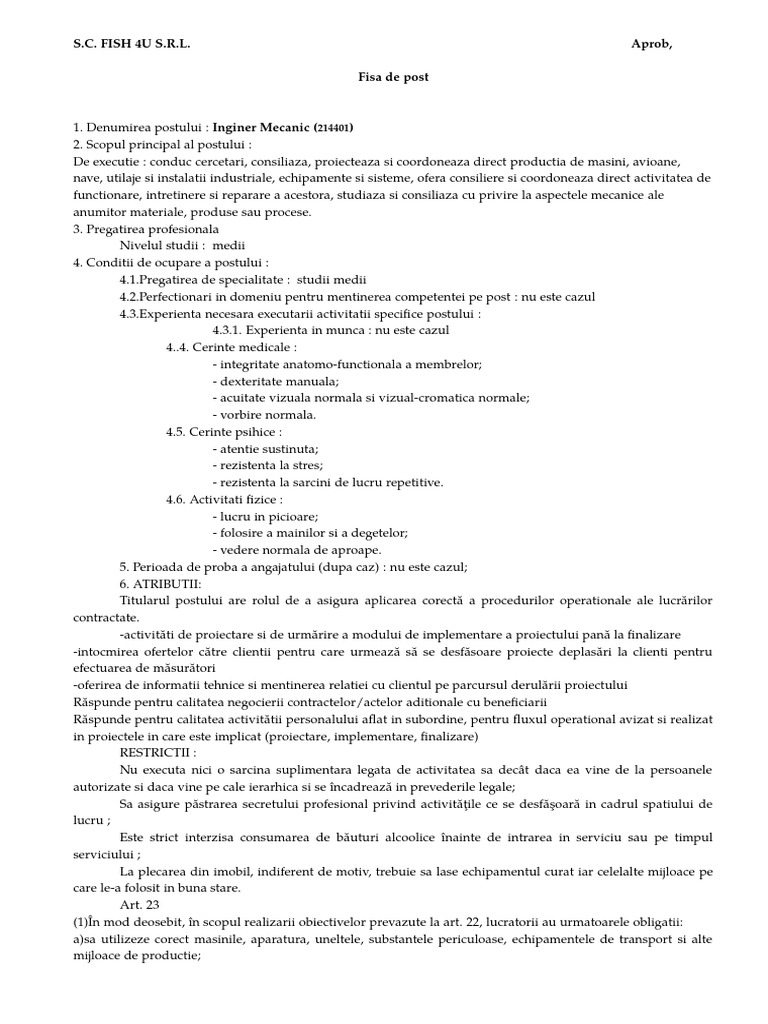 Fisa Post Inginer Mecanic | PDF