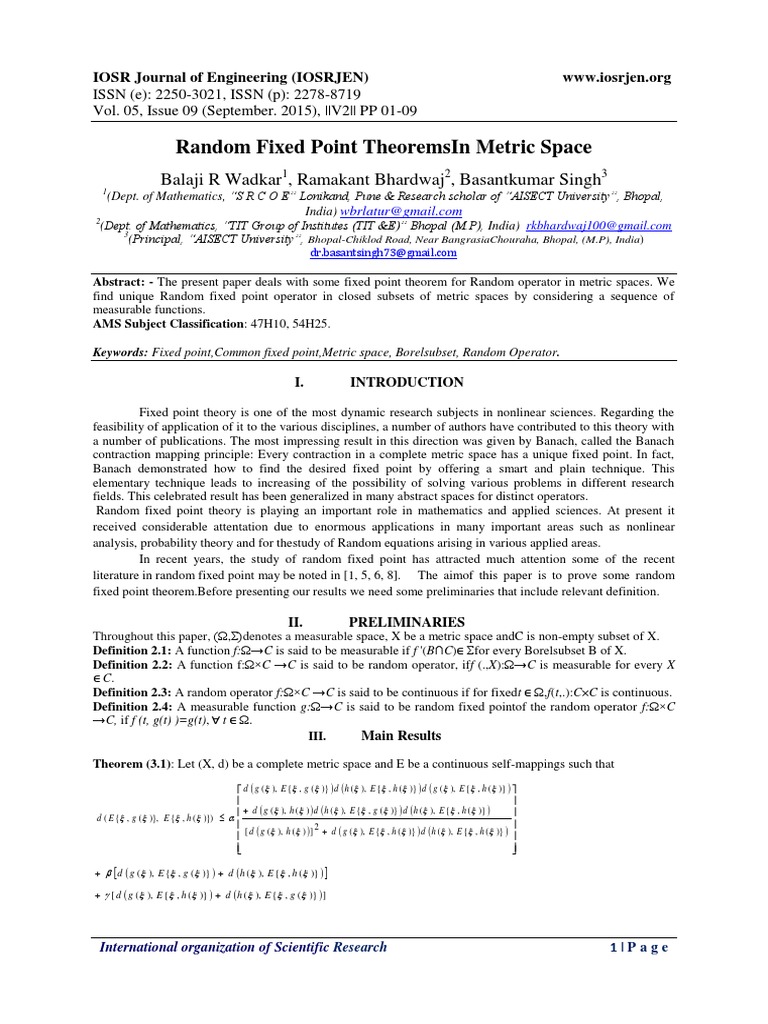 Random Fixed Point Theoremsin Metric Space: Balaji R Wadkar, Ramakant Bhardwaj, Basantkumar ...