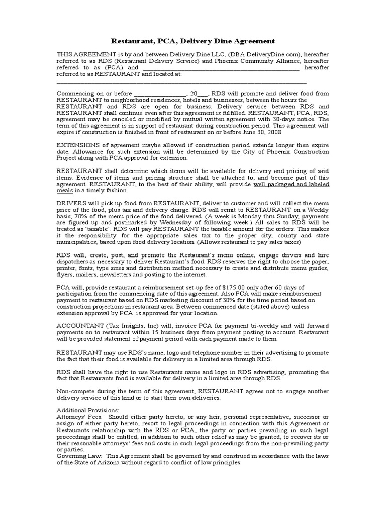 Restaurant PCA and Delivery Agreement | Download Free PDF | Service Of ...