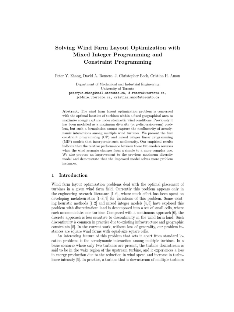 Solving Wind Farm Layout Optimization with Mixed Integer Programming and Constraint Programming ...