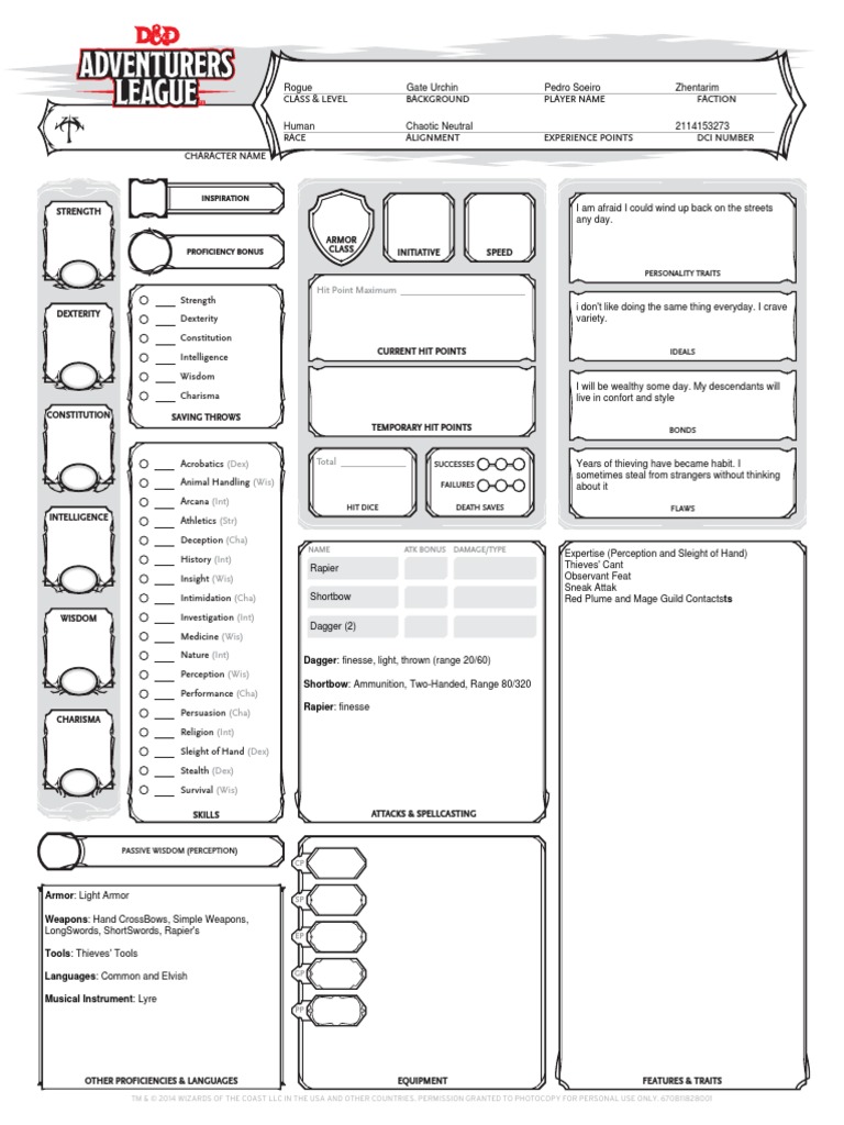 D&D Character Sheet: Rogue Overview | PDF