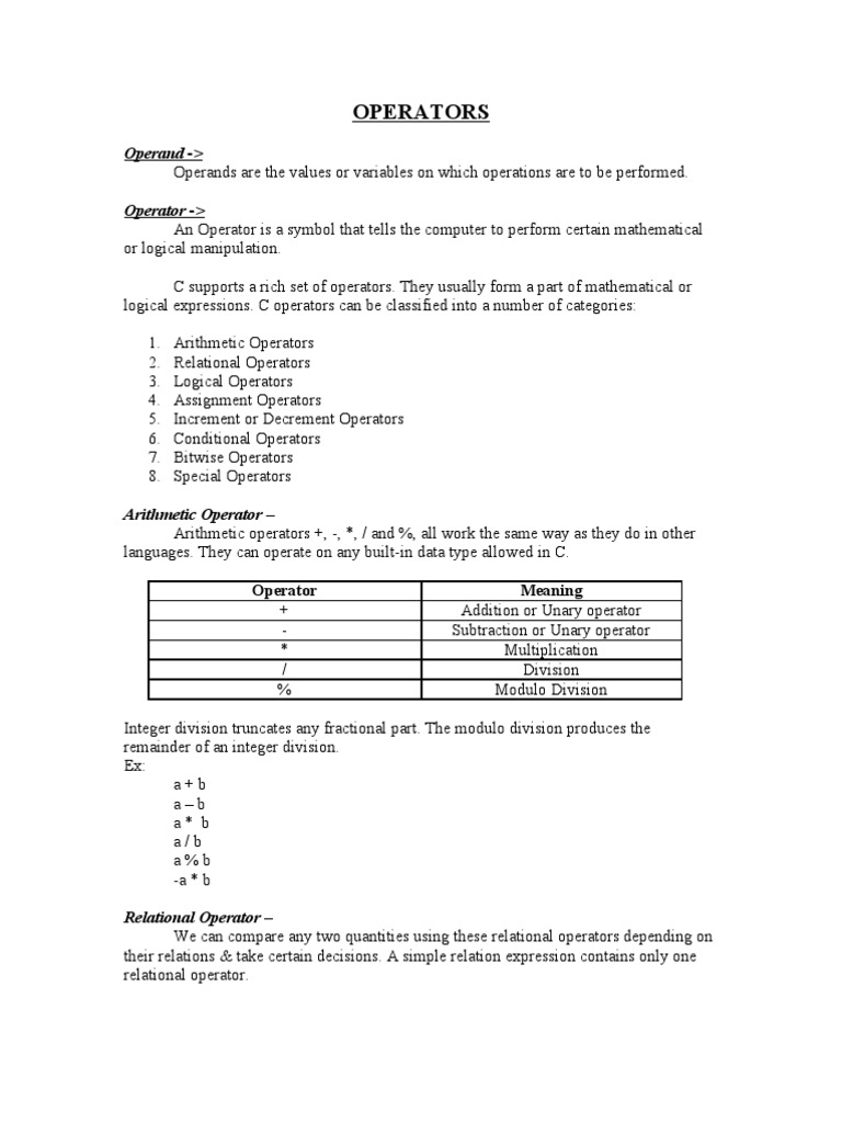 C Operators | PDF | Division (Mathematics) | Areas Of Computer Science