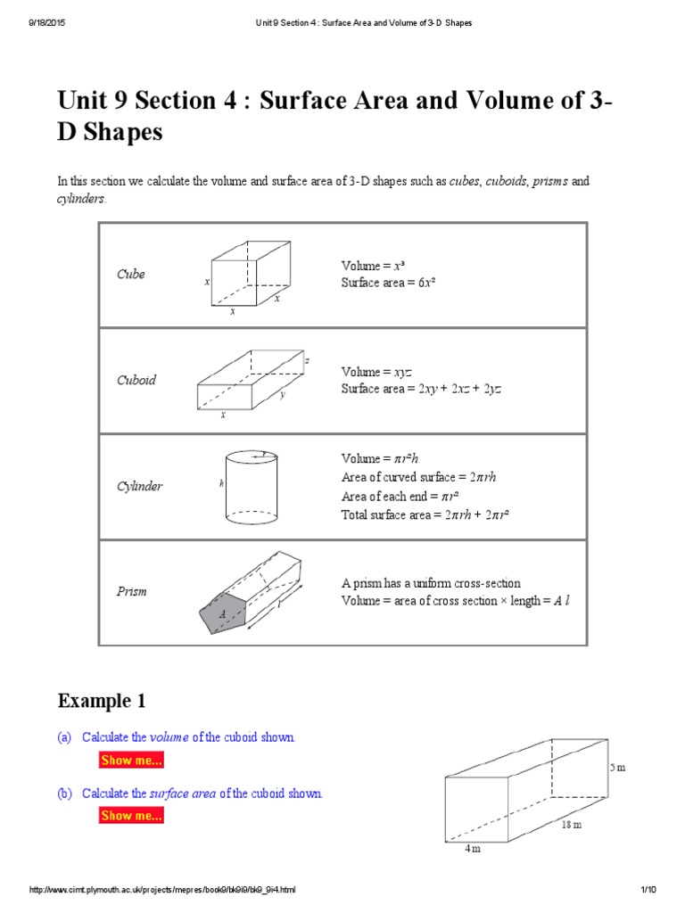 Unit 9 Section 4 - Surface Area and Volume of 3-D Shapes | PDF | Area ...
