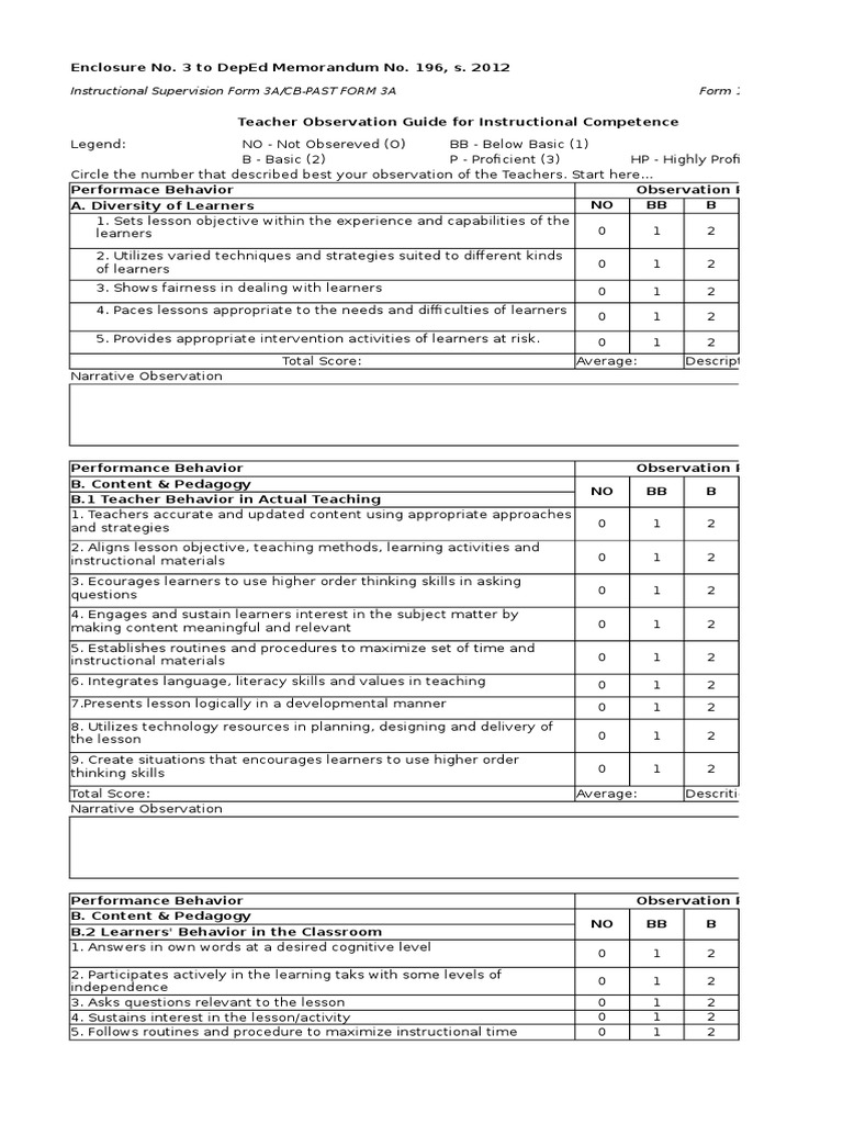 Teacher Observation Guide For Instructional Competence | PDF | Teachers ...