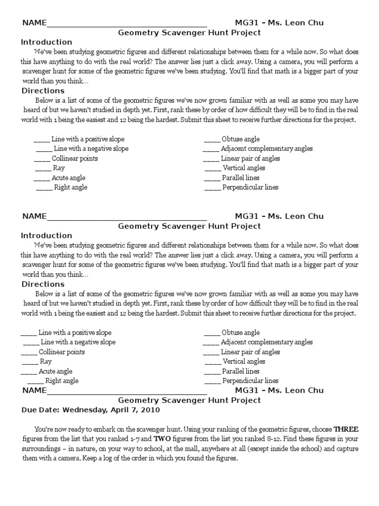 Scavenger Hunt Project | PDF | Line (Geometry) | Angle