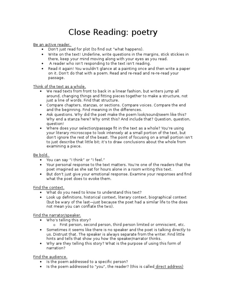 Close Reading Handout Poetry | PDF | Poetry | Narration