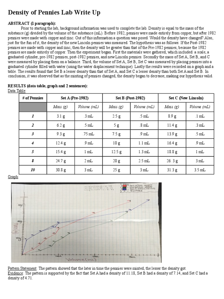 Density of Pennies Lab Write Up: ABSTRACT (1 Paragraph) | PDF