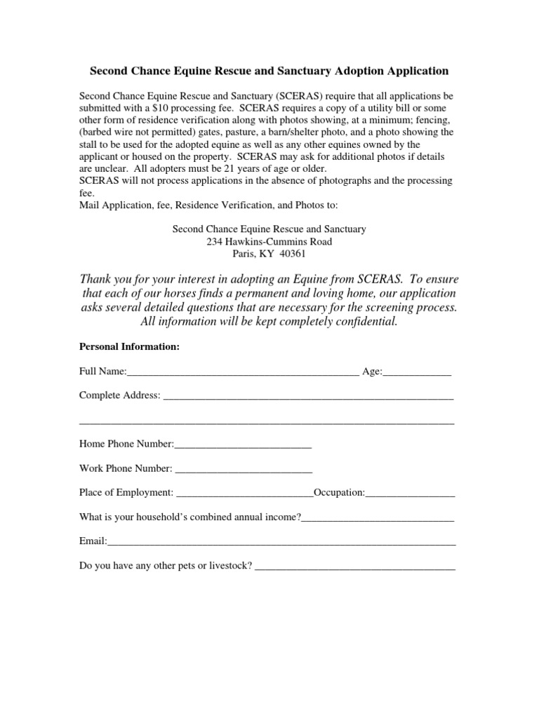 Second Chance Equine Rescue and Sanctuary Adoption Application | PDF ...