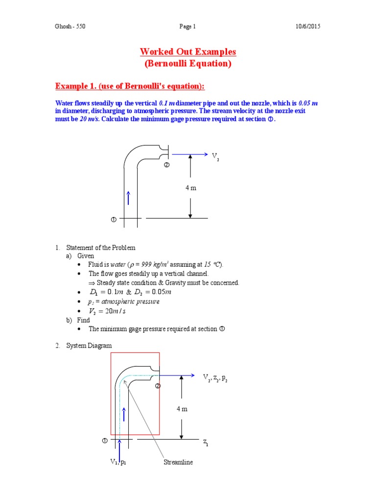 Bernoulli's Equation Example Problems | PDF | Fluid Dynamics | Pressure