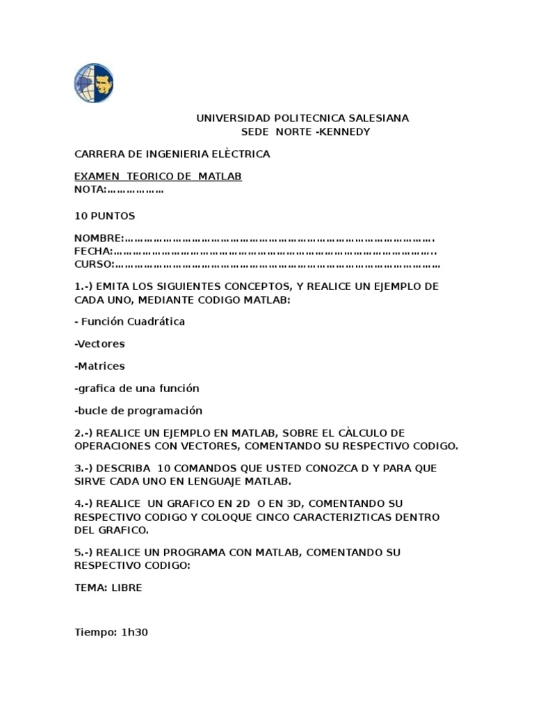 Examen Teorico de Matlab | PDF